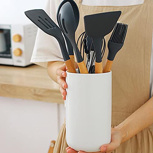 Utensil Holder for Kitchen Counter, Matte Ceramic Kitchen Utensil Holder for Countertop with Non slip Unglazed Base, Cooking Utensils Caddy Organizer Crock for Farmhouse Kitchen Decor(Medium-Black)