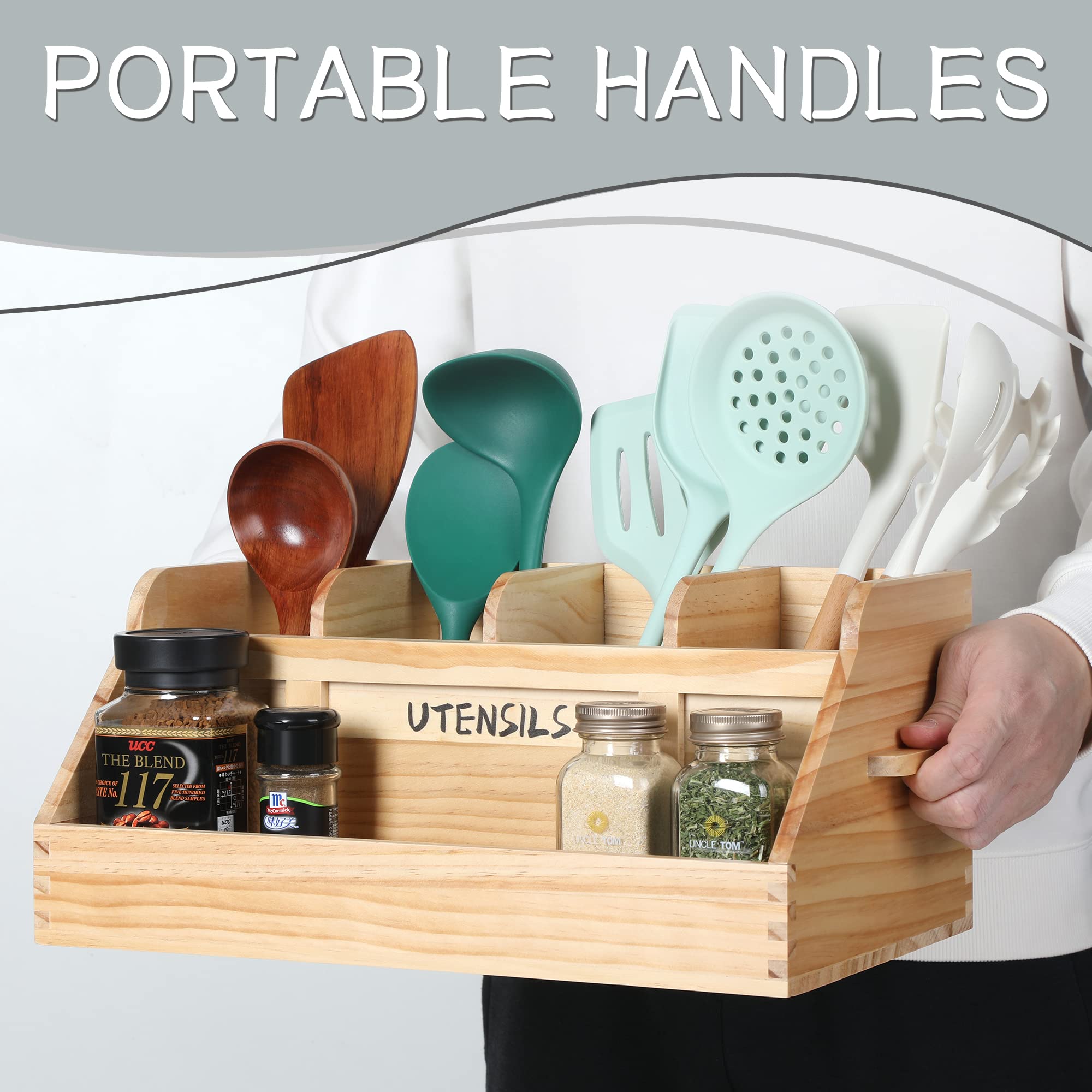 Asaultker Large Kitchen Utensil Holder for Countertop with 5 Compartments, Utensil Holder Kitchen Utensil Organizer with Handles, Wood Utensil Holder for Home Decor (Utensil Not Included)