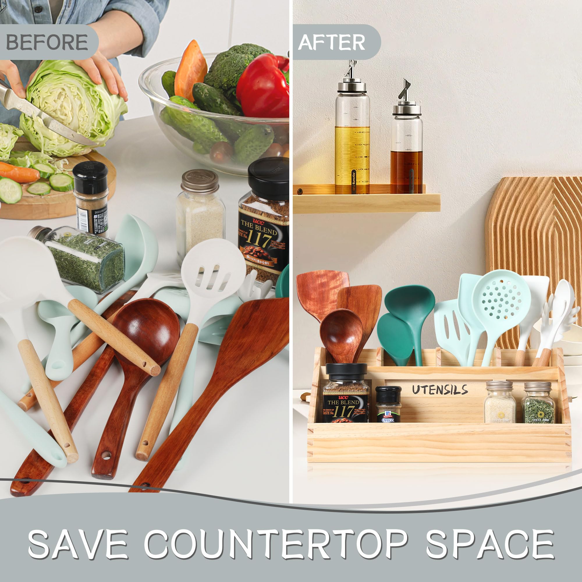 Asaultker Large Kitchen Utensil Holder for Countertop with 5 Compartments, Utensil Holder Kitchen Utensil Organizer with Handles, Wood Utensil Holder for Home Decor (Utensil Not Included)