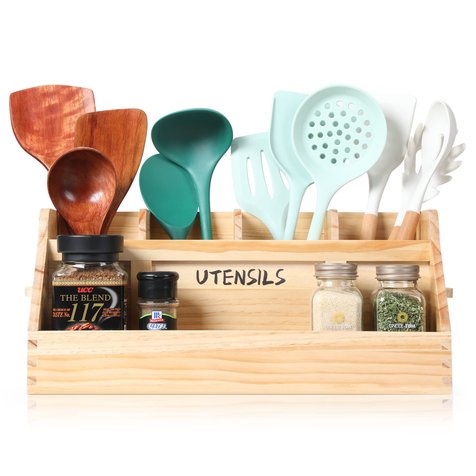 Asaultker Large Kitchen Utensil Holder for Countertop with 5 Compartments, Utensil Holder Kitchen Utensil Organizer with Handles, Wood Utensil Holder for Home Decor (Utensil Not Included)