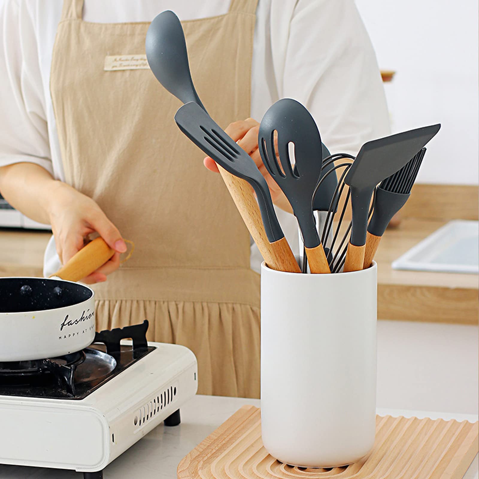 Utensil Holder for Kitchen Counter, Matte Ceramic Kitchen Utensil Holder for Countertop with Non slip Unglazed Base, Cooking Utensils Caddy Organizer Crock for Farmhouse Kitchen Decor (Large-White)