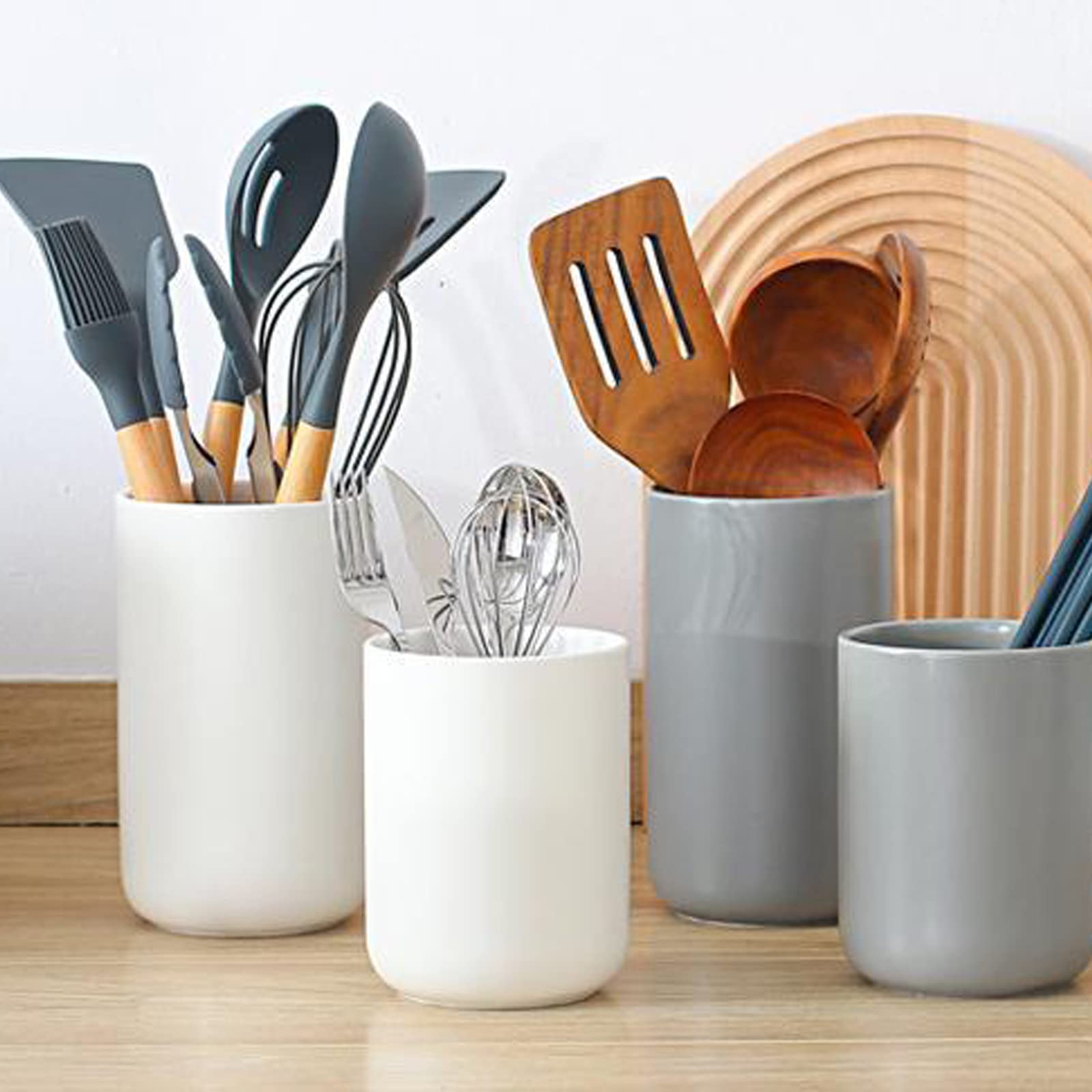 Utensil Holder for Kitchen Counter, Matte Ceramic Kitchen Utensil Holder for Countertop with Non slip Unglazed Base, Cooking Utensils Caddy Organizer Crock for Farmhouse Kitchen Decor (Large-White)