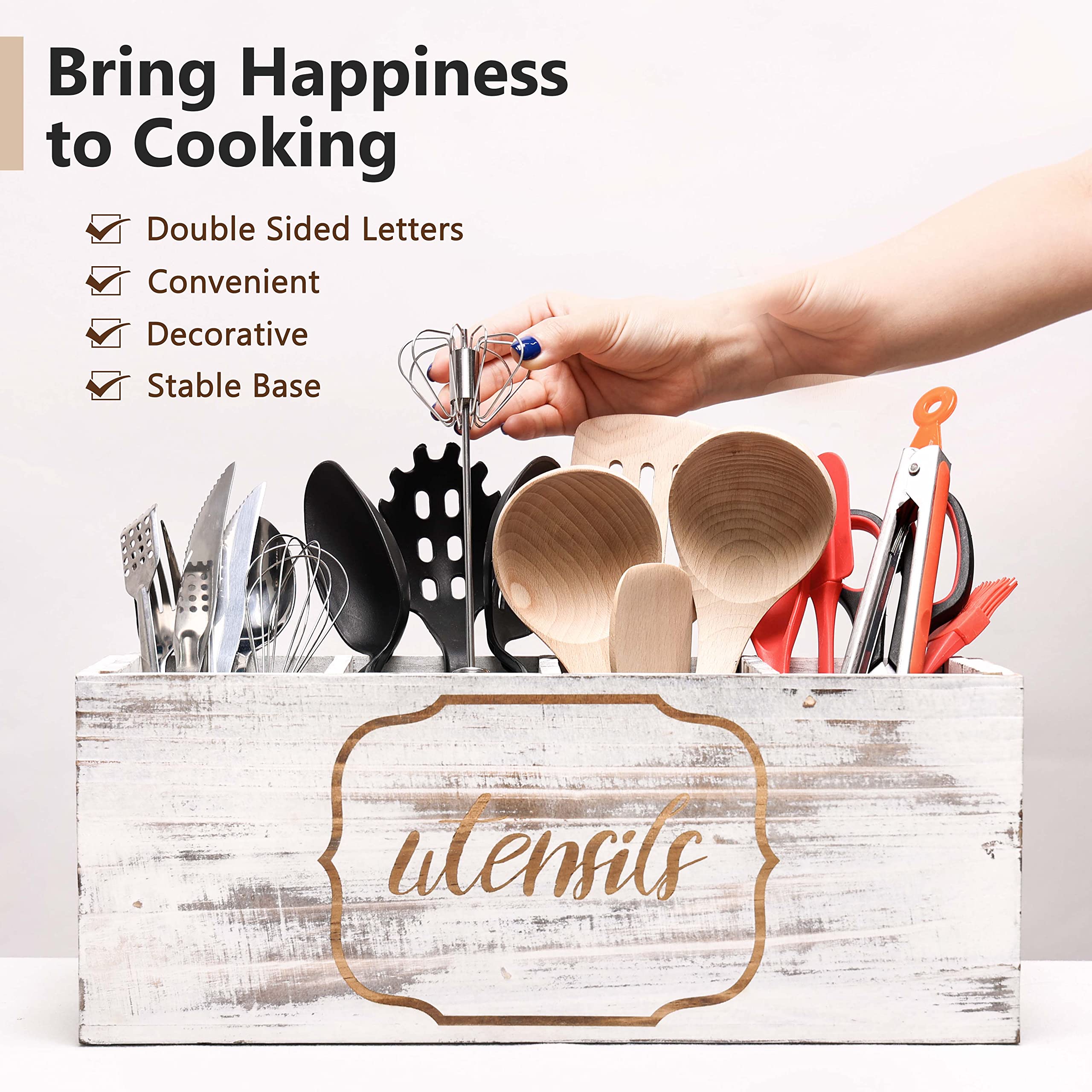 Yumkfoi 2 Pack Extra Large Utensil Holder with 4 Compartments, Wooden Farmhouse Utensil Organizer for Kitchen Counter Rustic Cooking Utensil Crock Countertop Utensil Caddy Spatula Holder (White&Black)