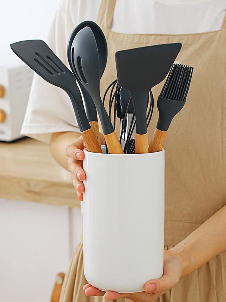 Utensil Holder for Kitchen Counter, Matte Ceramic Kitchen Utensil Holder for Countertop with Non slip Unglazed Base, Cooking Utensils Caddy Organizer Crock for Farmhouse Kitchen Decor (Large-White)