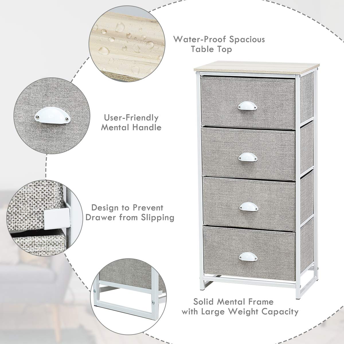 Giantex Dresser Storage Tower Nightstand W/Fabric Drawers, Sturdy Steel Frame and Wood Top Organizer Unit for Bedroom, Living Room, Entryway,Closets End Table Storage Unit (37’’(H), White)