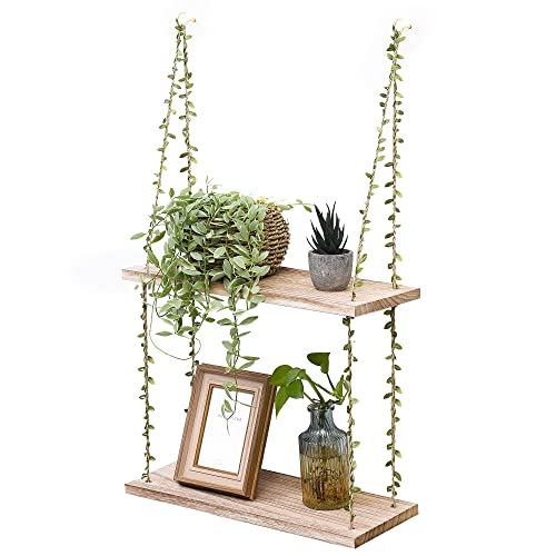 MITIME Hanging Shelves for Wall,2 Tier Window Wall Hanging Shelf for Plant Photo Frames Decorations Display Decor, Green Leaf Rope Farmhouse Wooden Floating Small Bookshelves (Light Color, 2 Tier)