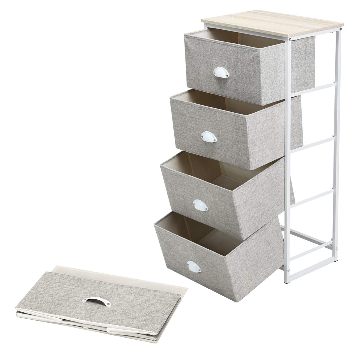 Giantex Dresser Storage Tower Nightstand W/Fabric Drawers, Sturdy Steel Frame and Wood Top Organizer Unit for Bedroom, Living Room, Entryway,Closets End Table Storage Unit (37’’(H), White)