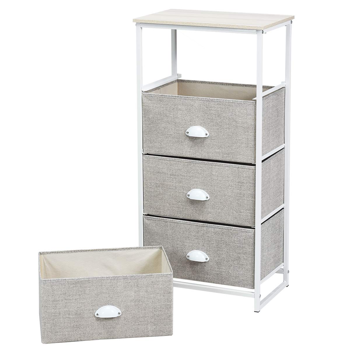 Giantex Dresser Storage Tower Nightstand W/Fabric Drawers, Sturdy Steel Frame and Wood Top Organizer Unit for Bedroom, Living Room, Entryway,Closets End Table Storage Unit (37’’(H), White)