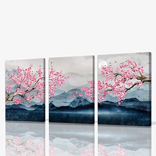 Cherry Blossom Decor - Japanese Wall Art Cherry Blossom Tree Pictures for Wall Decorations Pink Wall Decor Floral Wall Pictures for Bathroom Canvas Art Wall Decor for Bedroom Framed 12x16inchx3pcs