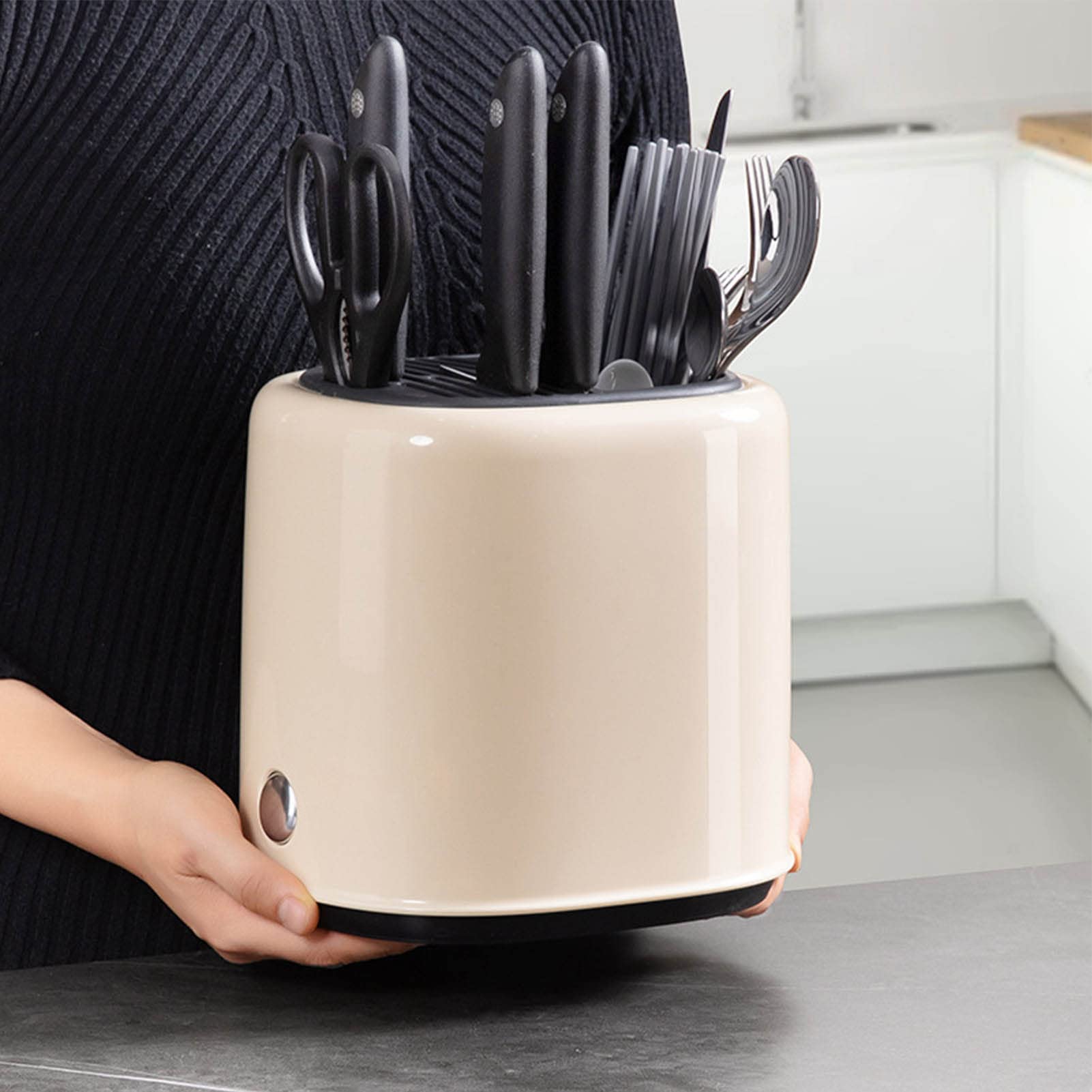 2 in 1 Kitchen Utensil Holder, Divided Spatula Holder Utensil Crock, Tableware Spoon Forks Storage Box, Plastic Kitchen Utensil Holder Cultery Drainer Caddy for Dinner Home Kitchen(Beige)