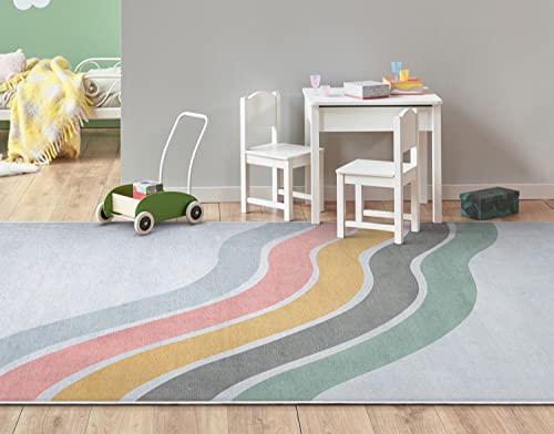 Well Woven Kids Modern Rugs Curved Rainbow 5' x 7' Multi Color Printed Machine Washable Area Rug