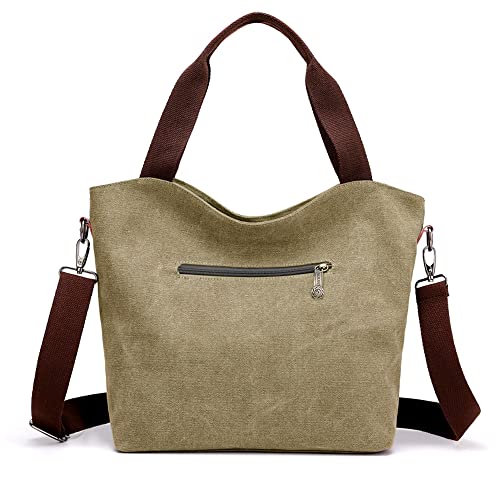 SILKAREA Women's Vintage Embroidery Canvas Shoulder Bag Hobo Daily Purse Multi Pocket Large Tote Top Handle Shopper Handbag (Army Green)