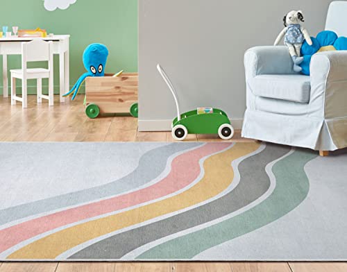 Well Woven Kids Modern Rugs Curved Rainbow 5' x 7' Multi Color Printed Machine Washable Area Rug