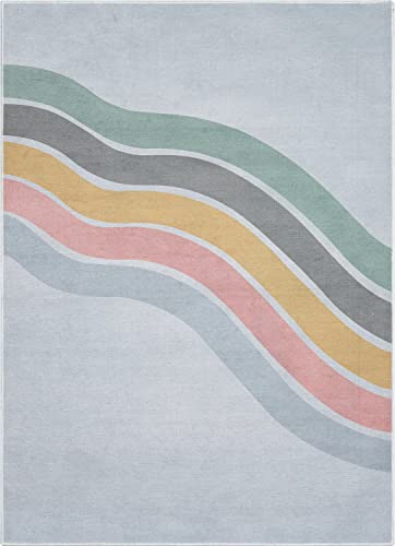 Well Woven Kids Modern Rugs Curved Rainbow 5' x 7' Multi Color Printed Machine Washable Area Rug