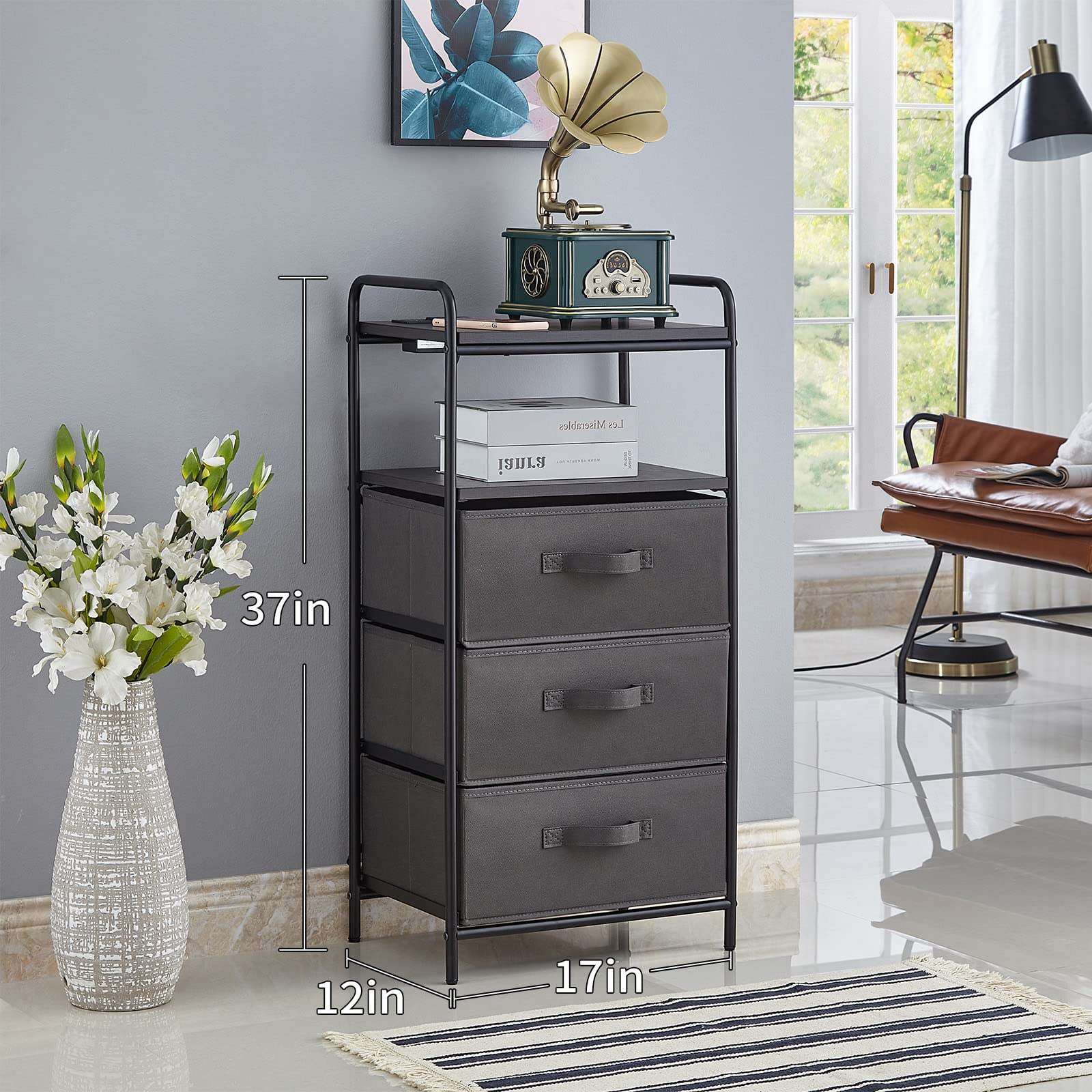 OLD CAPTAIN 3 Drawer Fabric Dresser with Charging Socket Tall Nightstand for Bedroom,Brown+Dark Grey…
