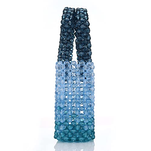 Women Acrylic Purse Mini Beaded Evening Handbags Handmade Gradient Transparent Blue Beads Tote Bags for Wedding,Beach,Party (Medium)