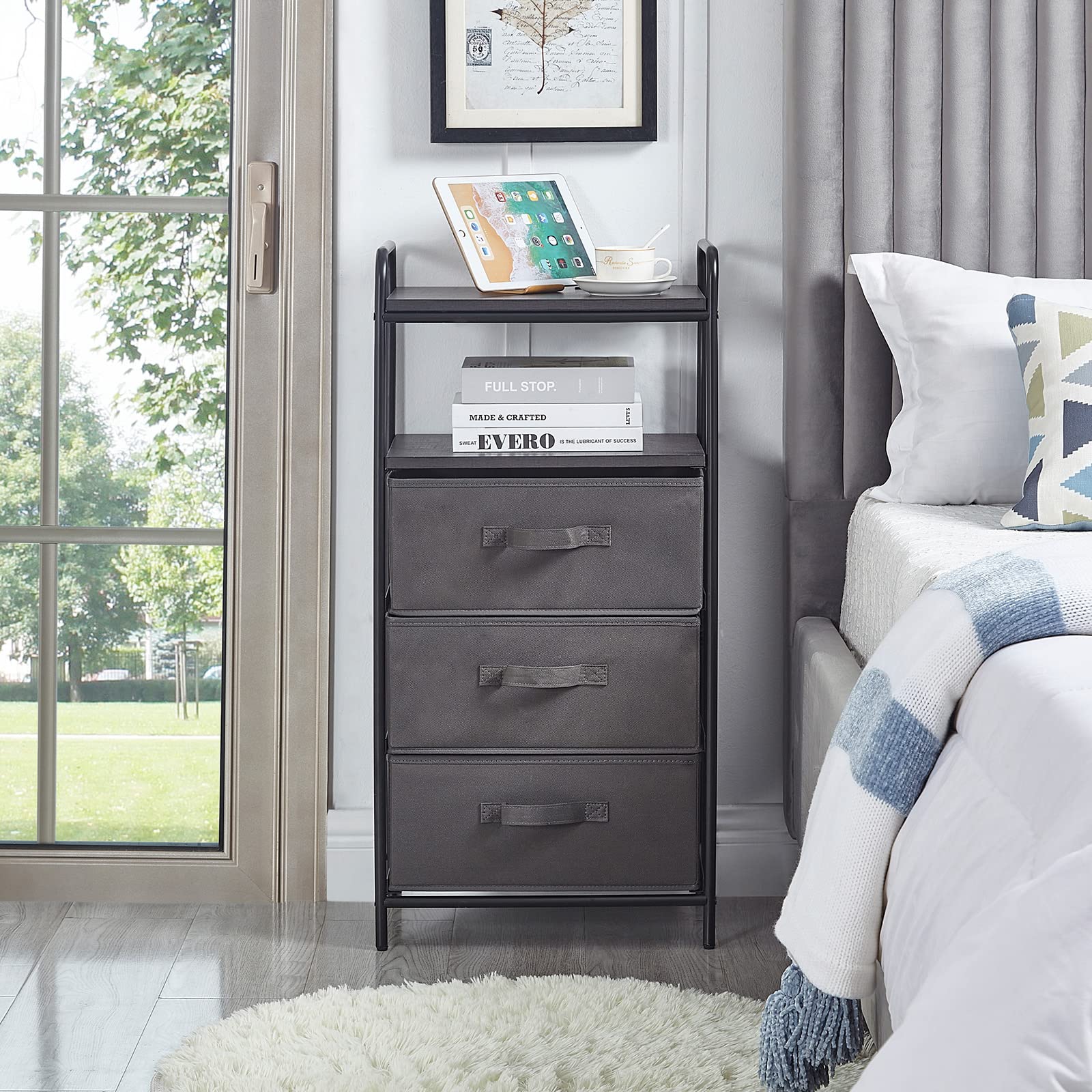 OLD CAPTAIN 3 Drawer Fabric Dresser with Charging Socket Tall Nightstand for Bedroom,Brown+Dark Grey…