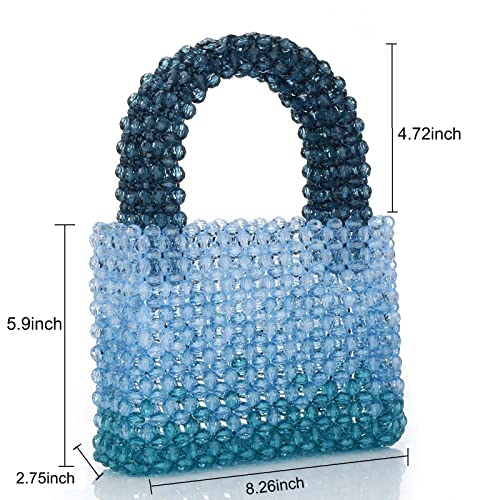 Women Acrylic Purse Mini Beaded Evening Handbags Handmade Gradient Transparent Blue Beads Tote Bags for Wedding,Beach,Party (Medium)