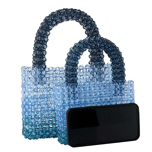 Women Acrylic Purse Mini Beaded Evening Handbags Handmade Gradient Transparent Blue Beads Tote Bags for Wedding,Beach,Party (Medium)