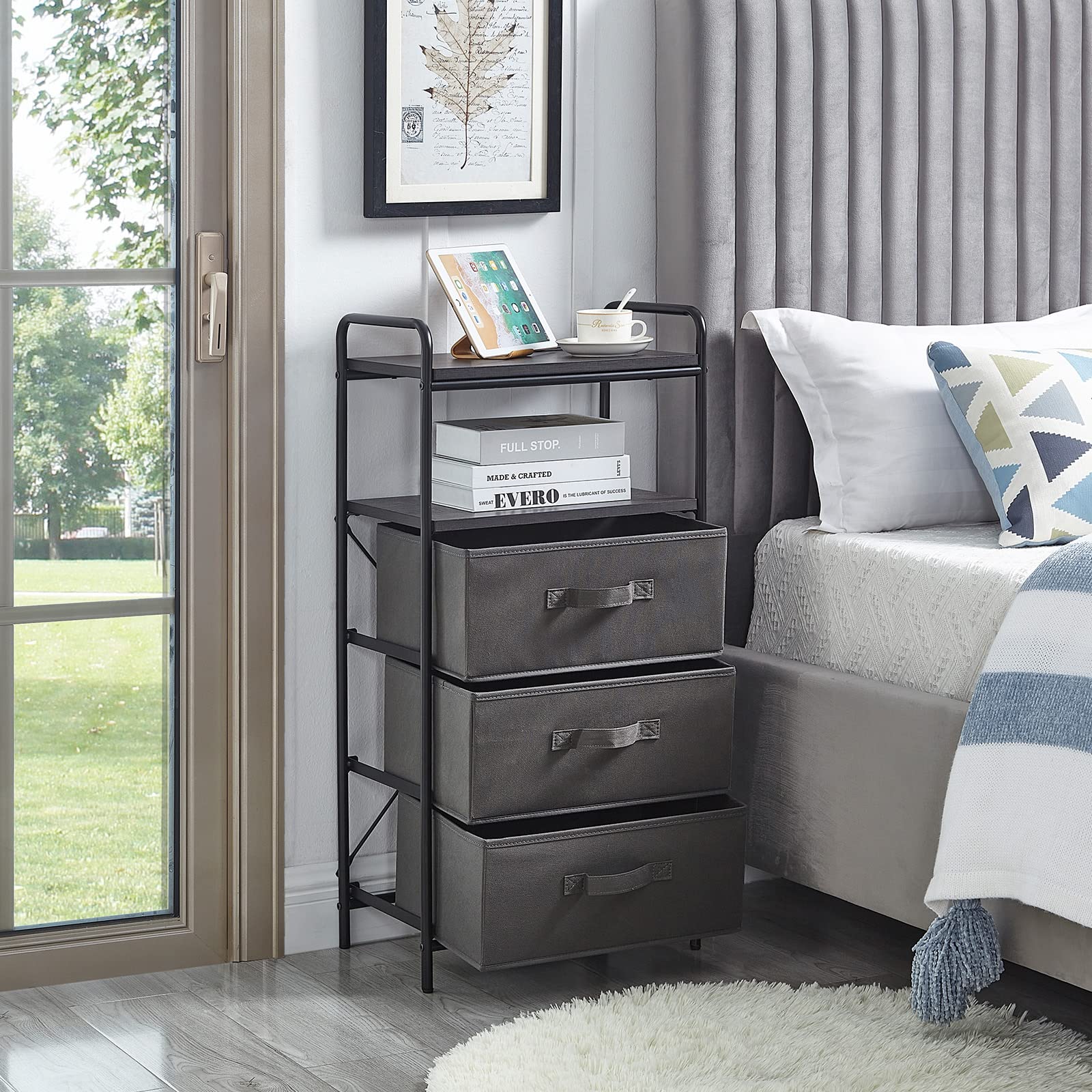 OLD CAPTAIN 3 Drawer Fabric Dresser with Charging Socket Tall Nightstand for Bedroom,Brown+Dark Grey…