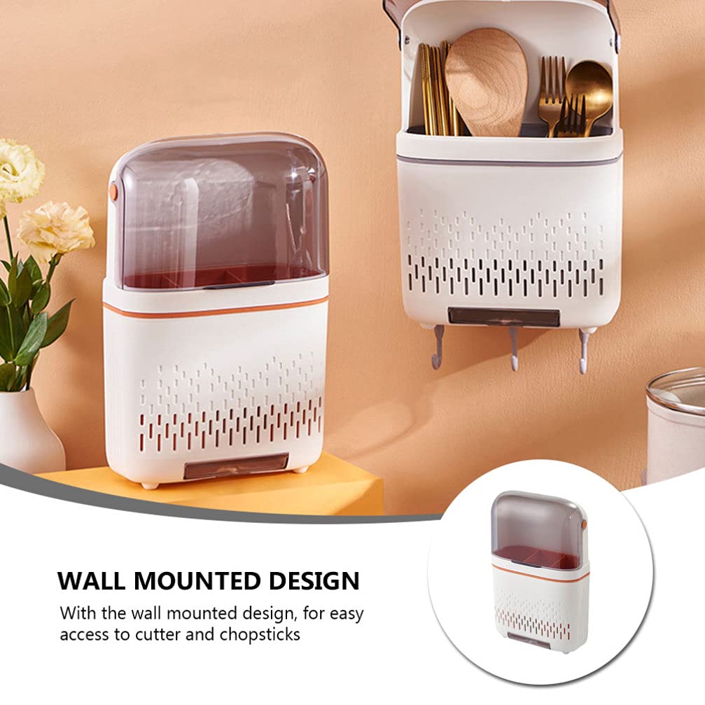Kitchen Chopsticks Rack Wall Mounted Flatware Holder Basket with Drainer Lid Utensils Cutlery Holder