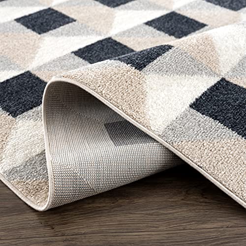 Abani Modern Print Cream & Black 4’ x 6’ Area Rug Rugs - Square Grid Pattern Contemporary No-Shed Bedroom Rug