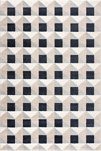Abani Modern Print Cream & Black 4’ x 6’ Area Rug Rugs - Square Grid Pattern Contemporary No-Shed Bedroom Rug