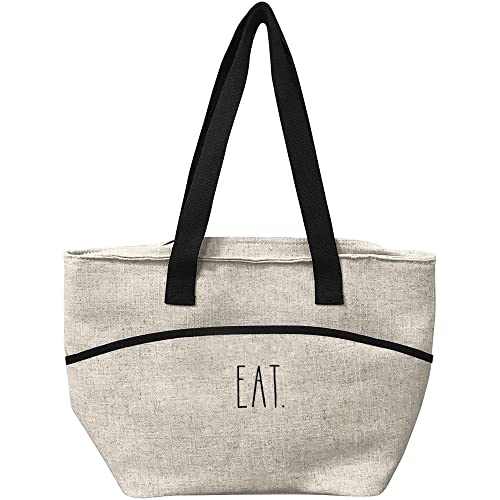 Rae Dunn Tote with Linen Exterior, and insulated lining to help keep food fresh from heat & Cold. (Eat/Black Embroidery)