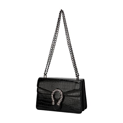 GLOD JORLEE Women's Fashion Chain Purse Crossbody Shoulder Bags -Classic Stone Crocodile Pattern Leather Square Flap Handbag (Black)