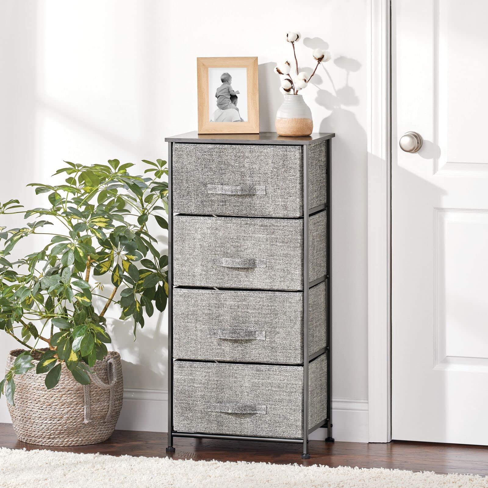 mDesign Tall Dresser Storage Tower Stand with 4 Removable Fabric Drawers - Steel Frame, Wood Top Organizer for Bedroom, Entryway, Closet - Lido Collection - Black/Graphite Gray