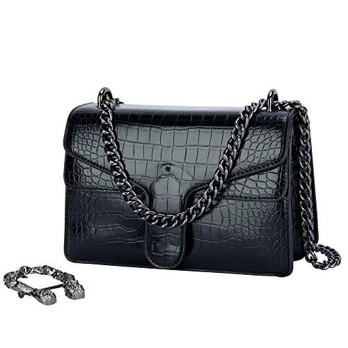 GLOD JORLEE Women's Fashion Chain Purse Crossbody Shoulder Bags -Classic Stone Crocodile Pattern Leather Square Flap Handbag (Black)