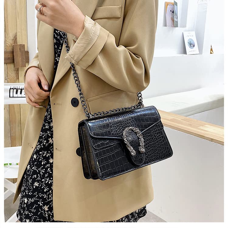 GLOD JORLEE Women's Fashion Chain Purse Crossbody Shoulder Bags -Classic Stone Crocodile Pattern Leather Square Flap Handbag (Black)