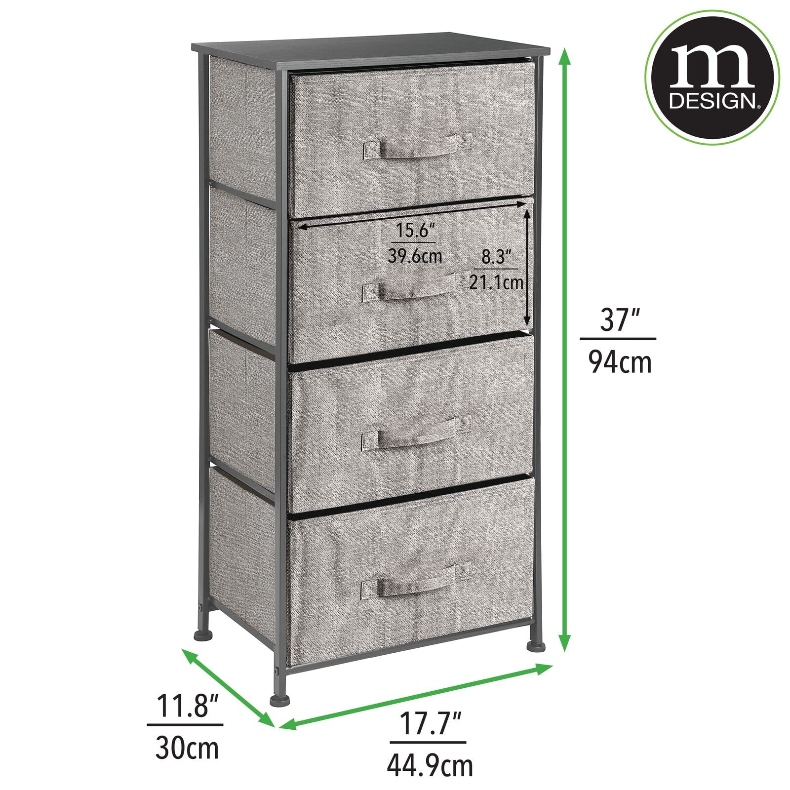 mDesign Tall Dresser Storage Tower Stand with 4 Removable Fabric Drawers - Steel Frame, Wood Top Organizer for Bedroom, Entryway, Closet - Lido Collection - Black/Graphite Gray