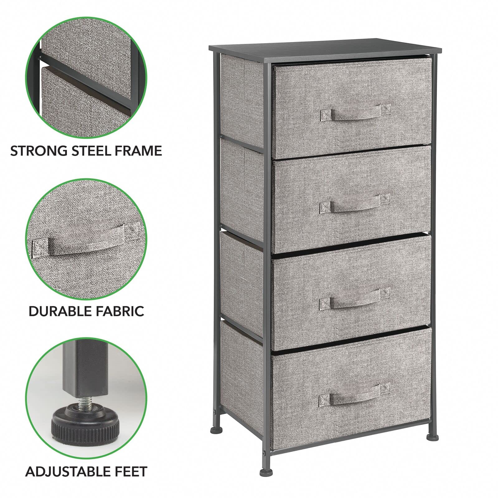 mDesign Tall Dresser Storage Tower Stand with 4 Removable Fabric Drawers - Steel Frame, Wood Top Organizer for Bedroom, Entryway, Closet - Lido Collection - Black/Graphite Gray