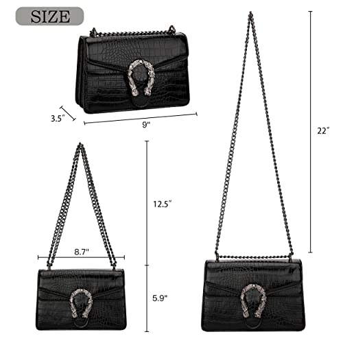 GLOD JORLEE Women's Fashion Chain Purse Crossbody Shoulder Bags -Classic Stone Crocodile Pattern Leather Square Flap Handbag (Black)