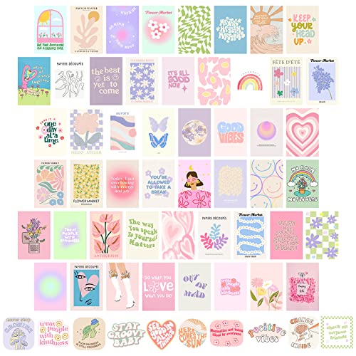 GENSTEUO 50pcs Danish Pastel Wall Collage Kit Aesthetic Pictures, Danish Pastel Room Decor Aesthetic, Cute Posters for Dorm Wall Decor, Aesthetic Wall Decor for Bedroom Teen Girl, Photo Collage Kit