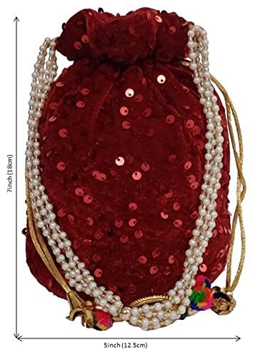 Purpledip Blingy Shiny Chenille Potli Bag (Clutch, Drawstring Purse) For Women: Red Sequin Embroidery Work (12530A)