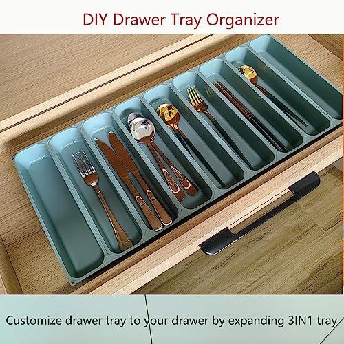 TUNGTAR custom silverware drawer tray BPA Free expandable drawer organizer for utensils holder, cutlery tray, DIY organizer for silverware, flatware, knives (Gray, 10.25 * 7.65INCH 3IN1)