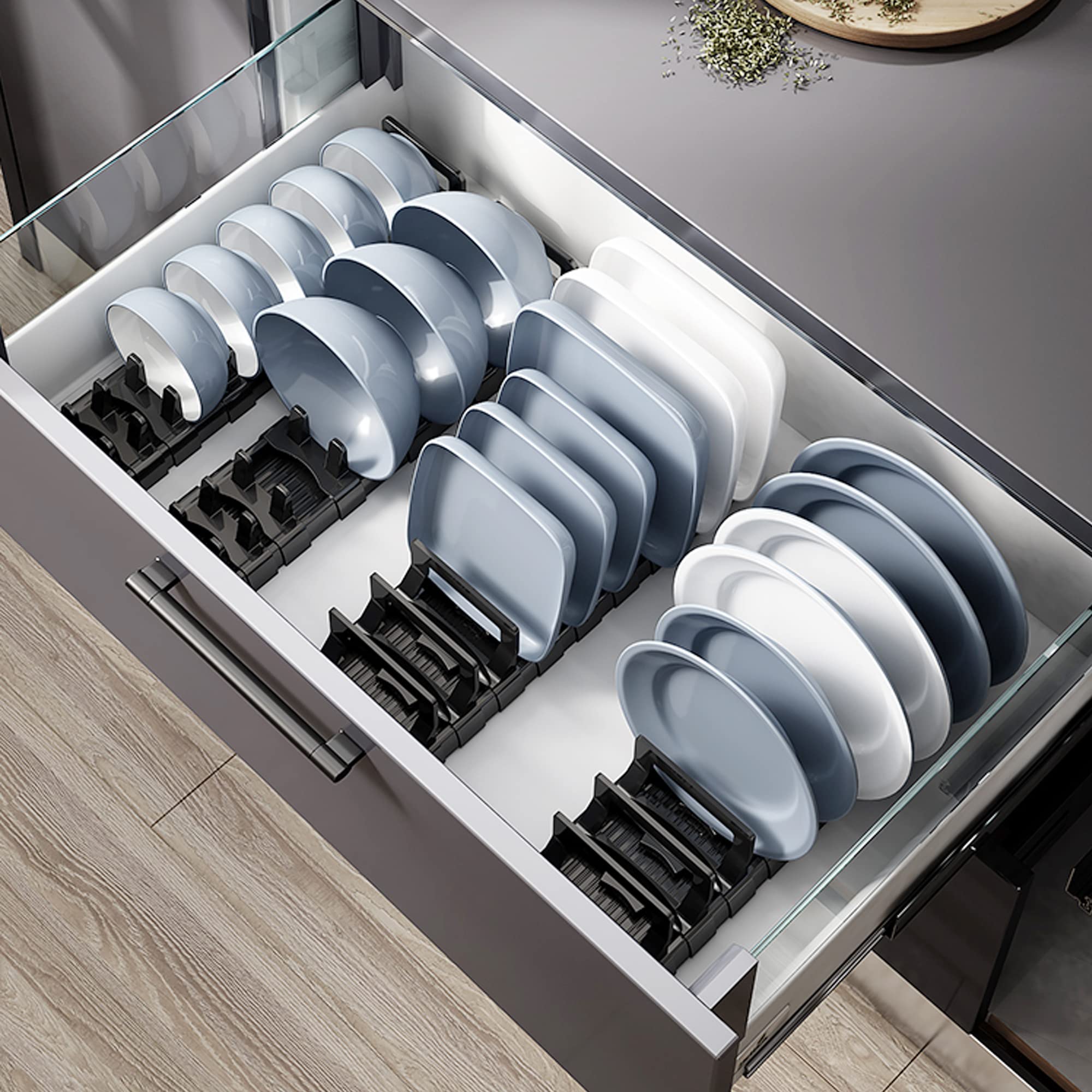 Maypott Dish Organizer Rack for Cabinet, Adjustable Plate Holder Small Dish Drying Racks, Under Sink Storage Countertop Mount with Removable Slots