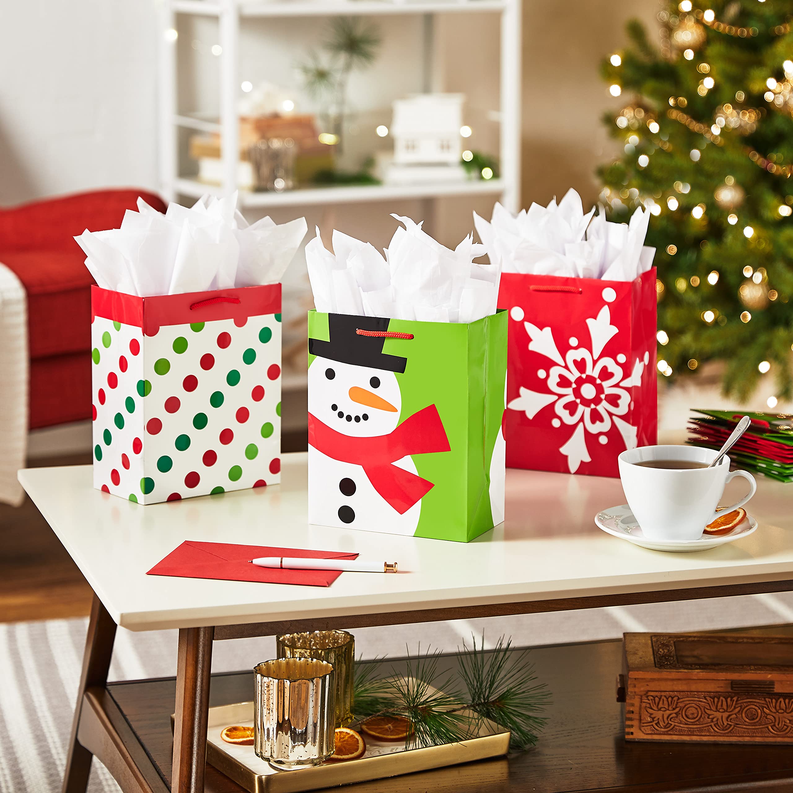 Image Arts 8" Medium Christmas Gift Bags, Polka Dots (Bulk Pack of 8 Holiday Bags for Classrooms, Party Favors, Gift Exchanges)