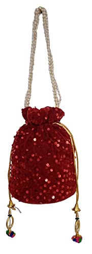 Purpledip Blingy Shiny Chenille Potli Bag (Clutch, Drawstring Purse) For Women: Red Sequin Embroidery Work (12530A)