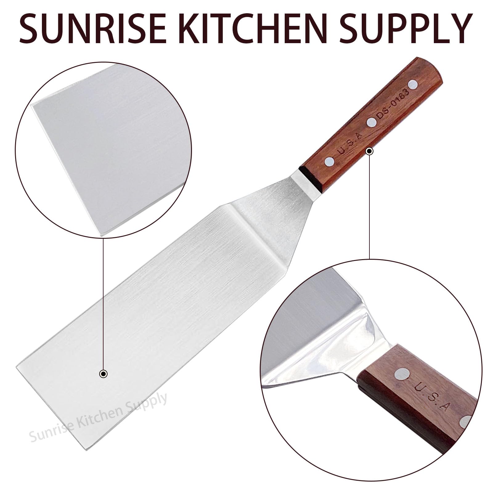 Sunrise Kitchen Supply Stainless Steel Turner Spatula & Meat Fork with Wood Handle (8"x3" Spatula)
