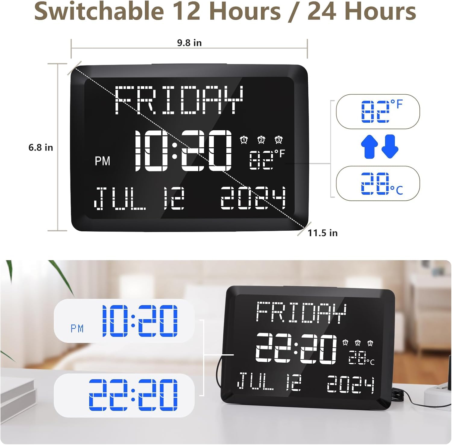 Raynic Digital Clock, 11.5" Large LED Word Display Dimmable Digital Wall Clock,Adjustable Brightness Digital Alarm Clock with Day and Date,Indoor Temperature,Snooze,12/24H,DST for Home, Office,Elderly