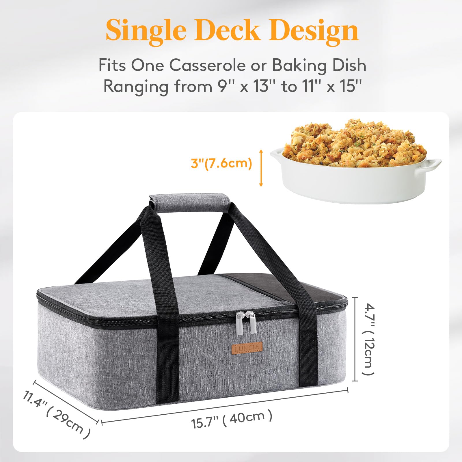LUNCIA Insulated Casserole Carrier for Hot or Cold Food, Lasagna Lugger Tote for Potluck Parties/Picnic/Cookouts, Fits 9"x13" Baking Dish, Grey