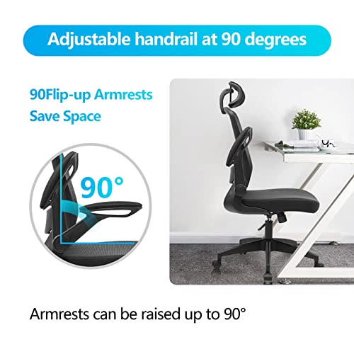 KERDOM Ergonomic Office Chair, Breathable Mesh Desk Chair, Lumbar Support Computer Chair with Headrest and Flip-up Arms, Swivel Task Chair, Adjustable Height Gaming Chair(Black)