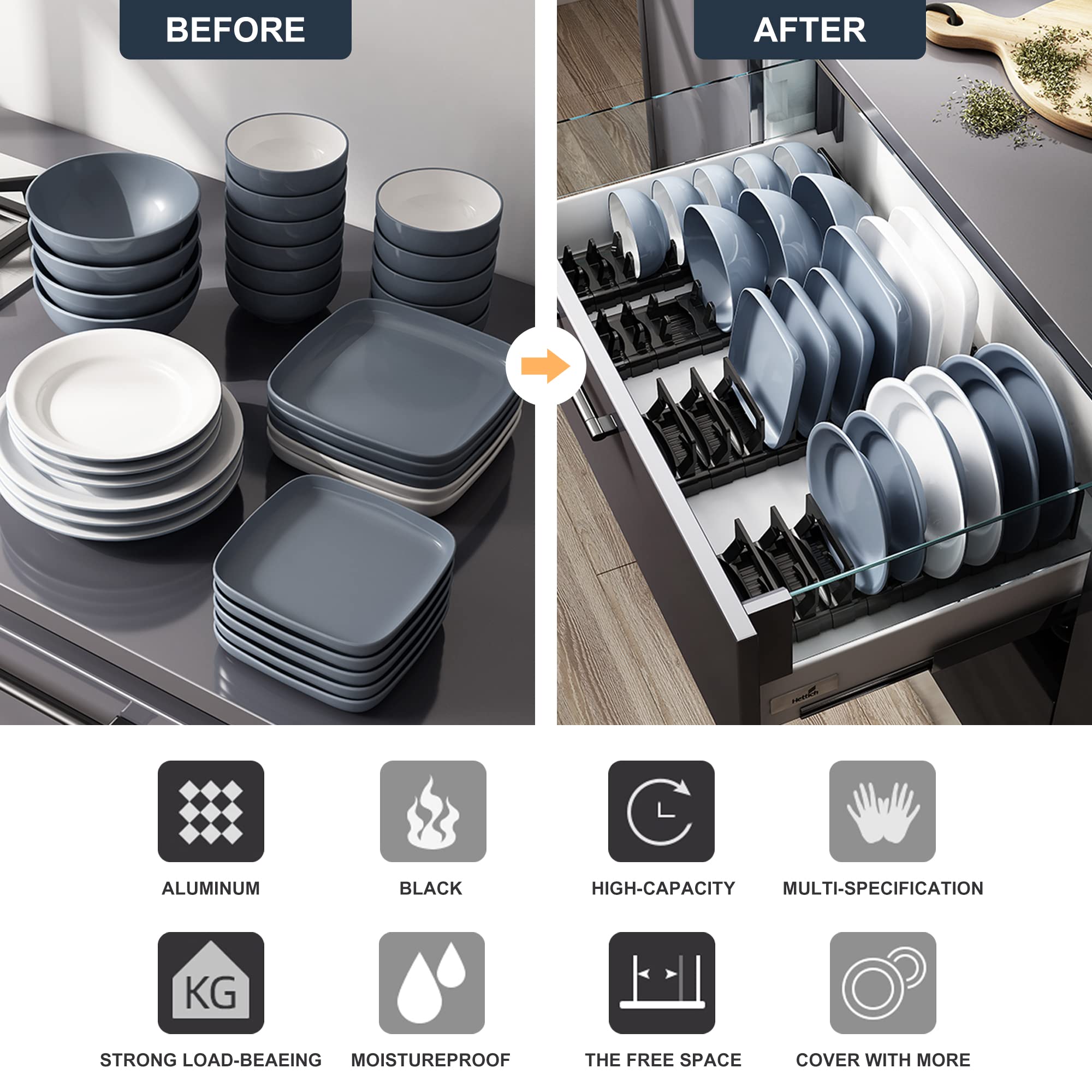 Maypott Dish Organizer Rack for Cabinet, Adjustable Plate Holder Small Dish Drying Racks, Under Sink Storage Countertop Mount with Removable Slots