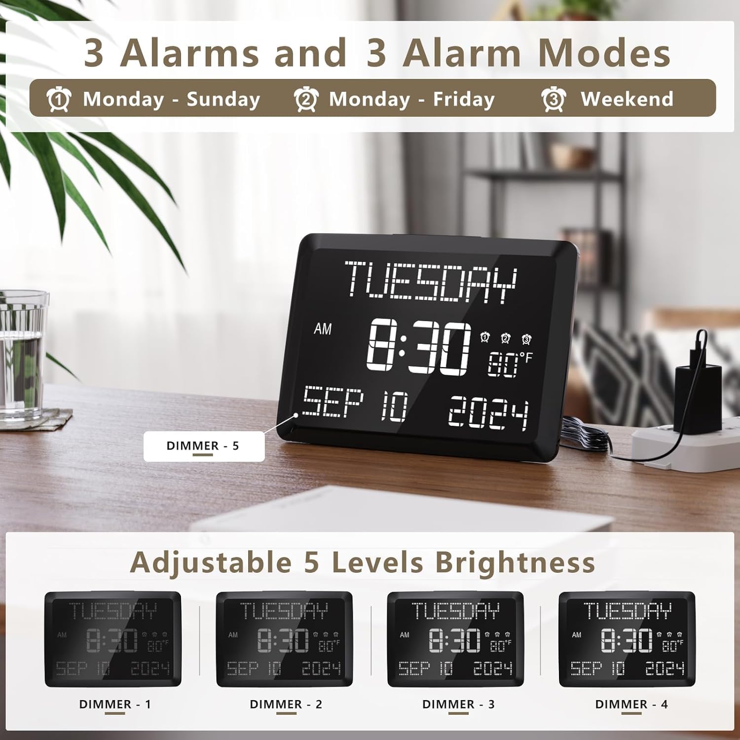 Raynic Digital Clock, 11.5" Large LED Word Display Dimmable Digital Wall Clock,Adjustable Brightness Digital Alarm Clock with Day and Date,Indoor Temperature,Snooze,12/24H,DST for Home, Office,Elderly