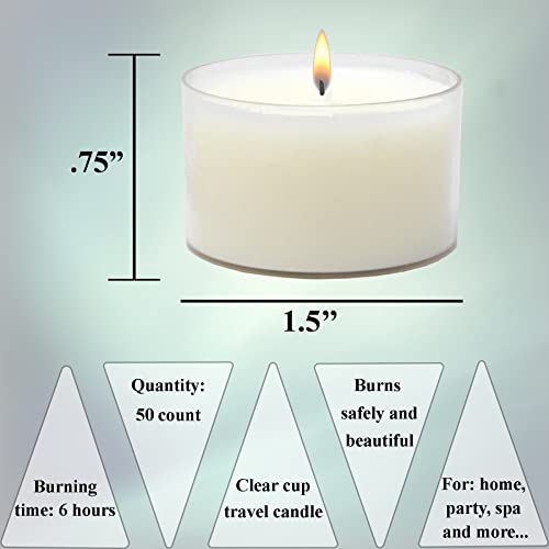 Clear Cup Tea Light Candles Unscented 6 Hour Long Burning Time (50 Pack) Tealight Candle