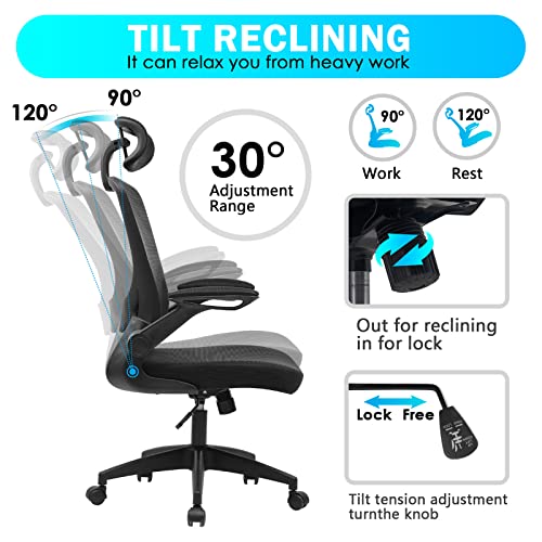 KERDOM Ergonomic Office Chair, Breathable Mesh Desk Chair, Lumbar Support Computer Chair with Headrest and Flip-up Arms, Swivel Task Chair, Adjustable Height Gaming Chair(Black)
