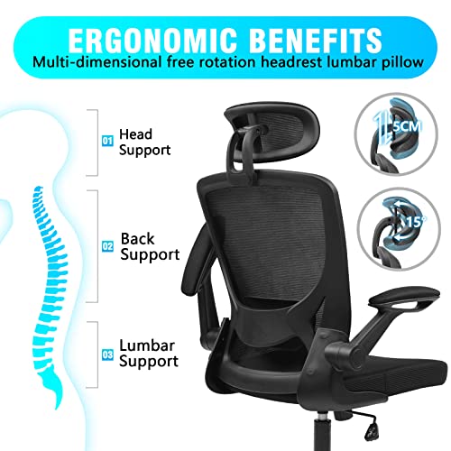 KERDOM Ergonomic Office Chair, Breathable Mesh Desk Chair, Lumbar Support Computer Chair with Headrest and Flip-up Arms, Swivel Task Chair, Adjustable Height Gaming Chair(Black)